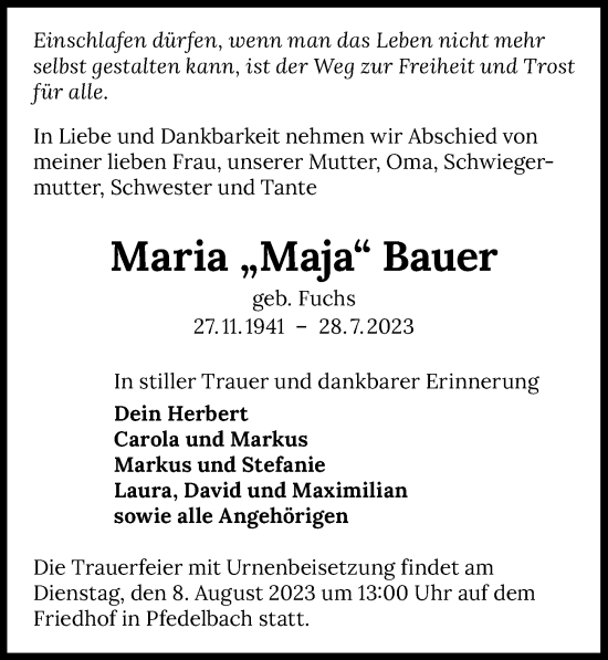 Traueranzeigen von Maria Bauer | www.trauerundgedenken.de