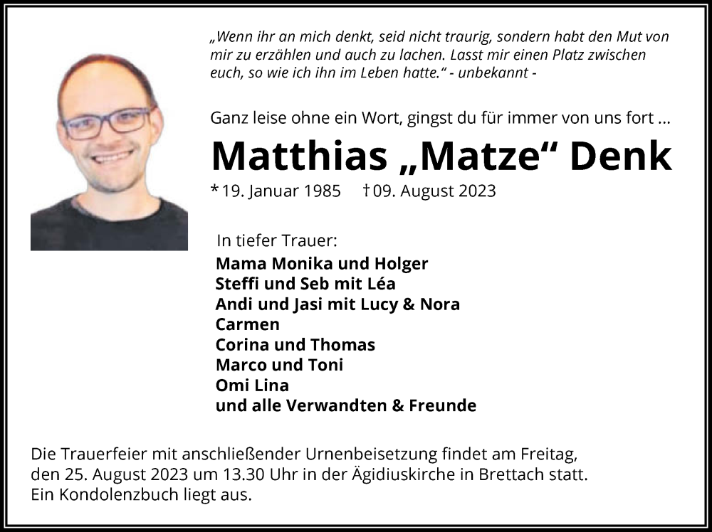 Traueranzeigen von Matthias Denk | www.trauerundgedenken.de