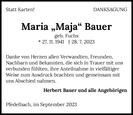 Traueranzeigen von Maria Bauer | www.trauerundgedenken.de