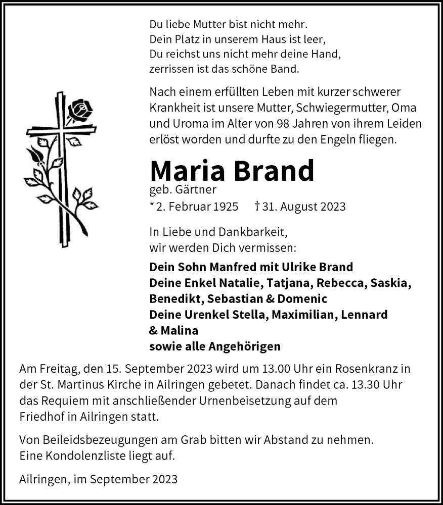 Traueranzeigen von Maria Brand | www.trauerundgedenken.de