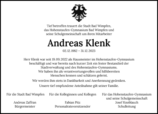 Traueranzeigen von Andreas Klenk | www.trauerundgedenken.de