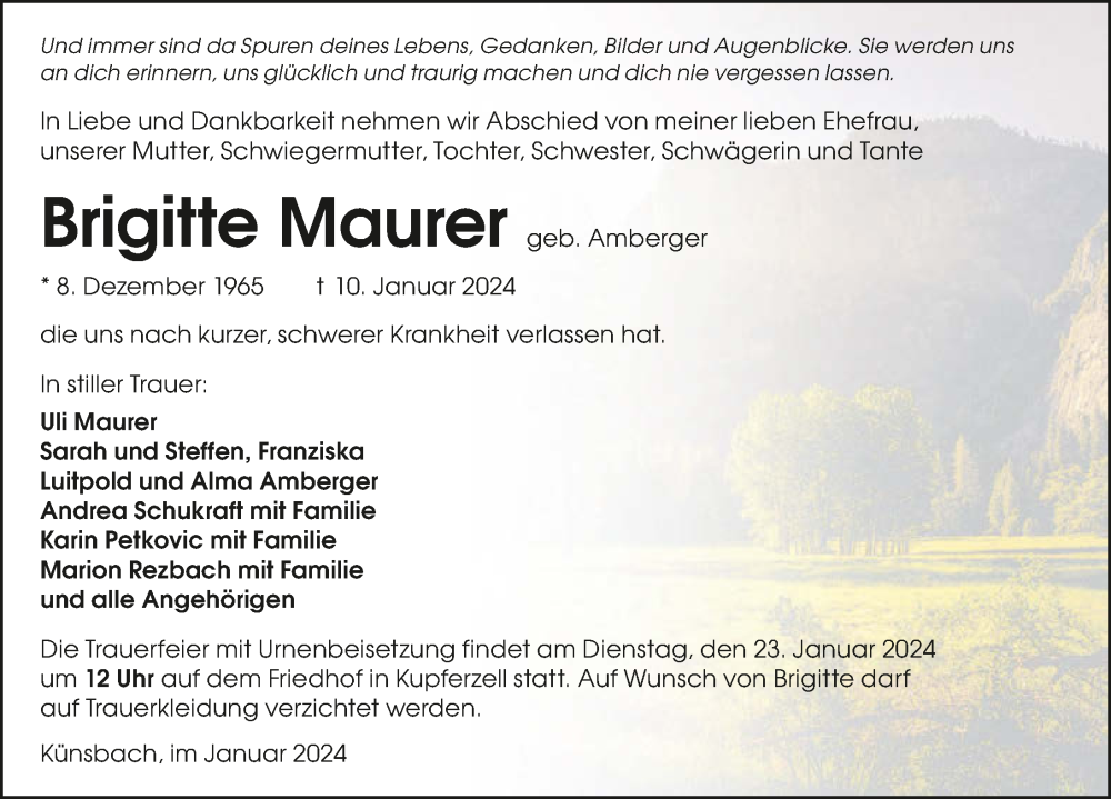 Traueranzeigen von Brigitte Maurer | www.trauerundgedenken.de