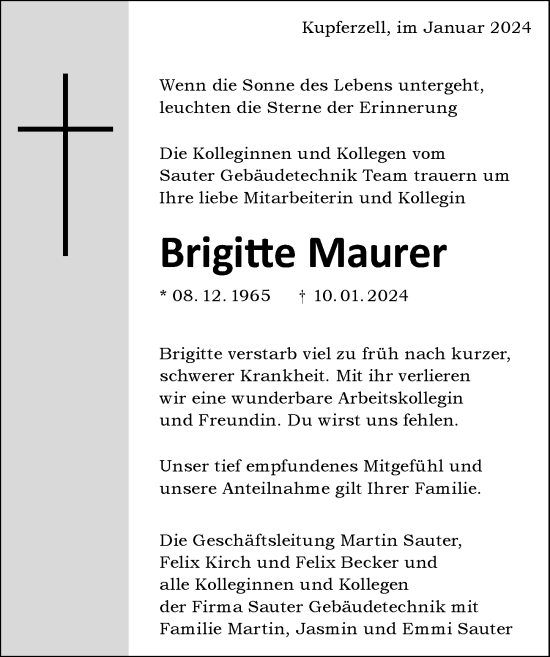 Traueranzeigen von Brigitte Maurer | www.trauerundgedenken.de