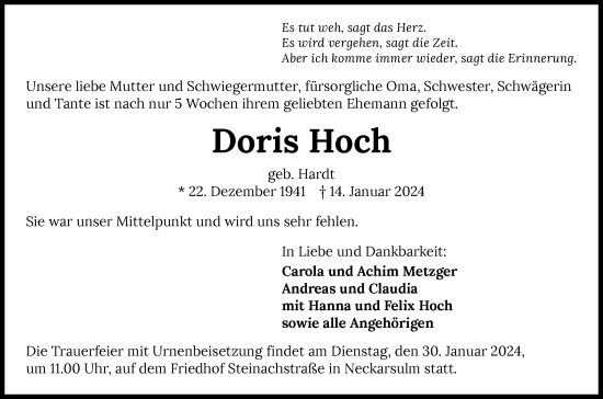 Traueranzeigen von Doris Hoch | www.trauerundgedenken.de