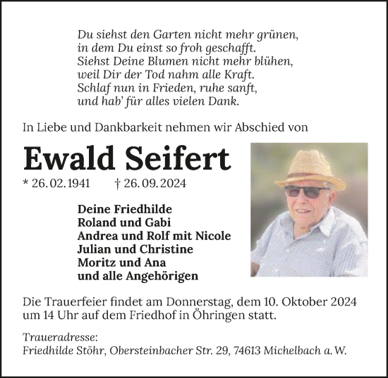 Traueranzeigen von Ewald Seifert | www.trauerundgedenken.de