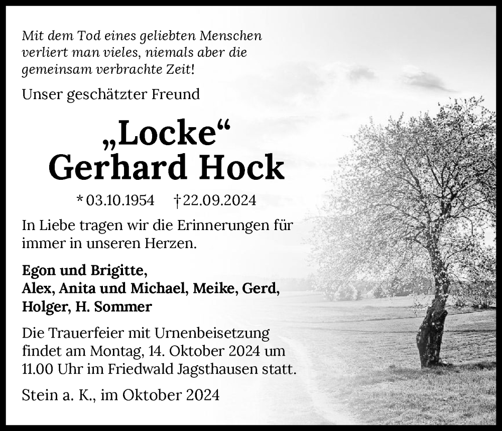 Traueranzeigen von Gerhard Hock | www.trauerundgedenken.de
