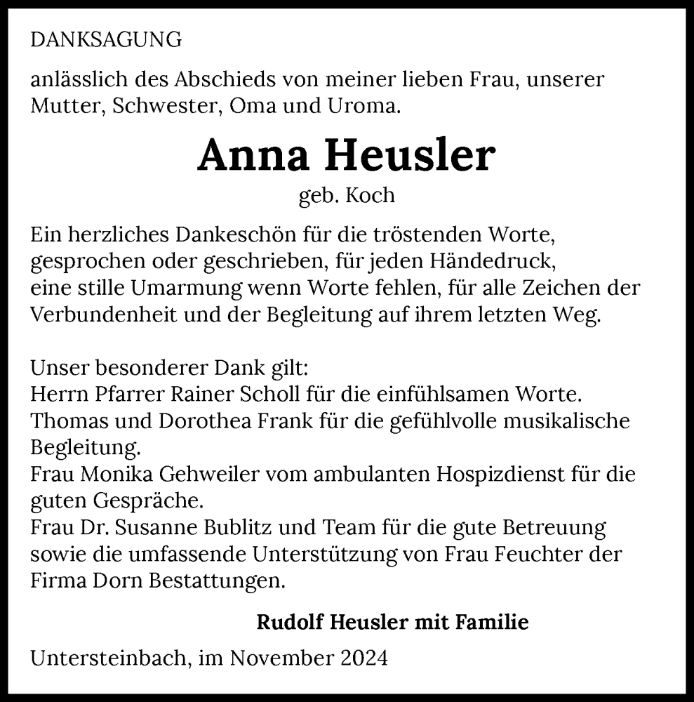 Traueranzeigen von Anna Heusler | www.trauerundgedenken.de
