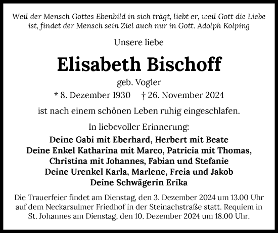 Traueranzeigen von Elisabeth Bischof | www.trauerundgedenken.de