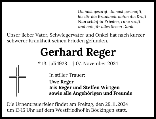 Traueranzeigen von Gerhard Reger | www.trauerundgedenken.de