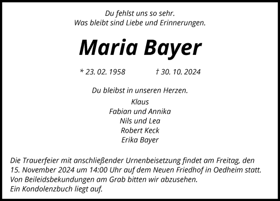 Traueranzeigen von Maria Bayer | www.trauerundgedenken.de