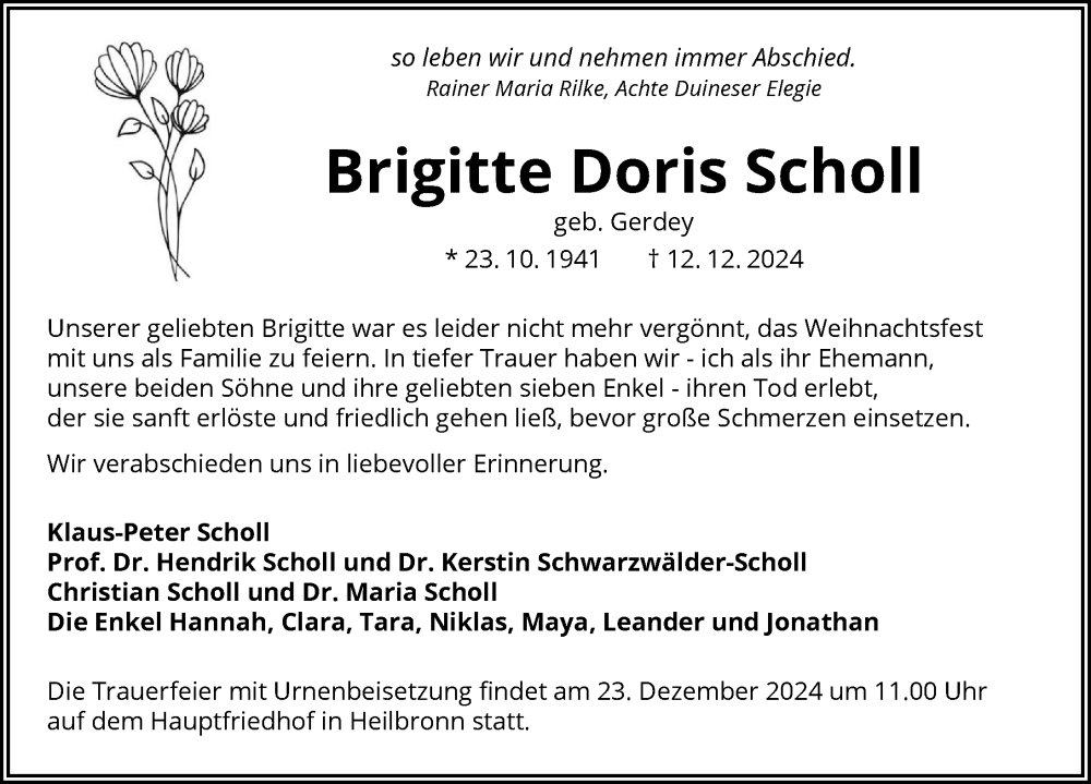 Traueranzeigen von Brigitte Doris Scholl | www.trauerundgedenken.de