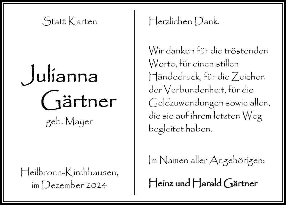 Traueranzeigen von Julianna Gärtner | www.trauerundgedenken.de