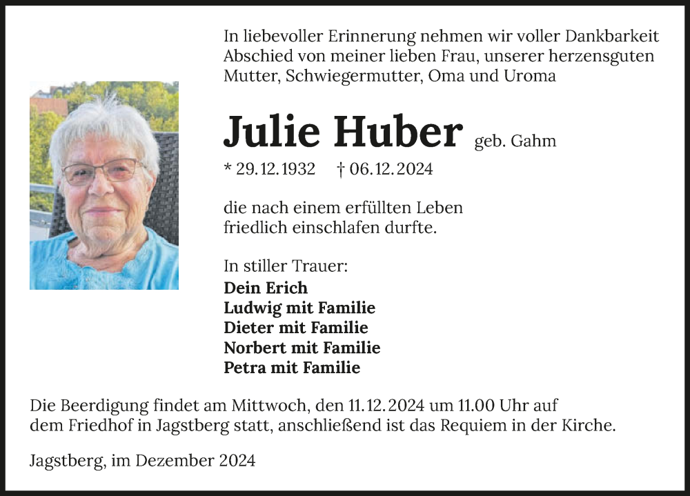 Traueranzeigen von Julie Huber | www.trauerundgedenken.de