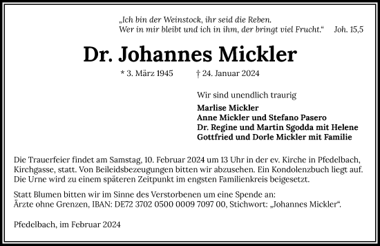 Traueranzeigen von Johannes Mickler | www.trauerundgedenken.de