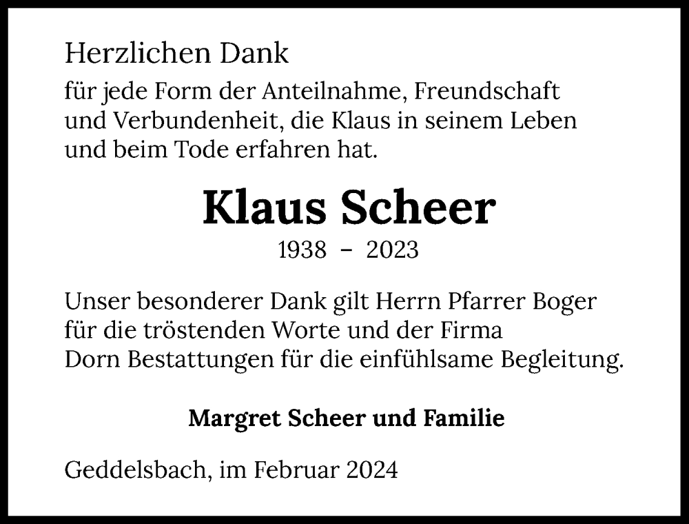 Traueranzeigen von Klaus Scheer | www.trauerundgedenken.de