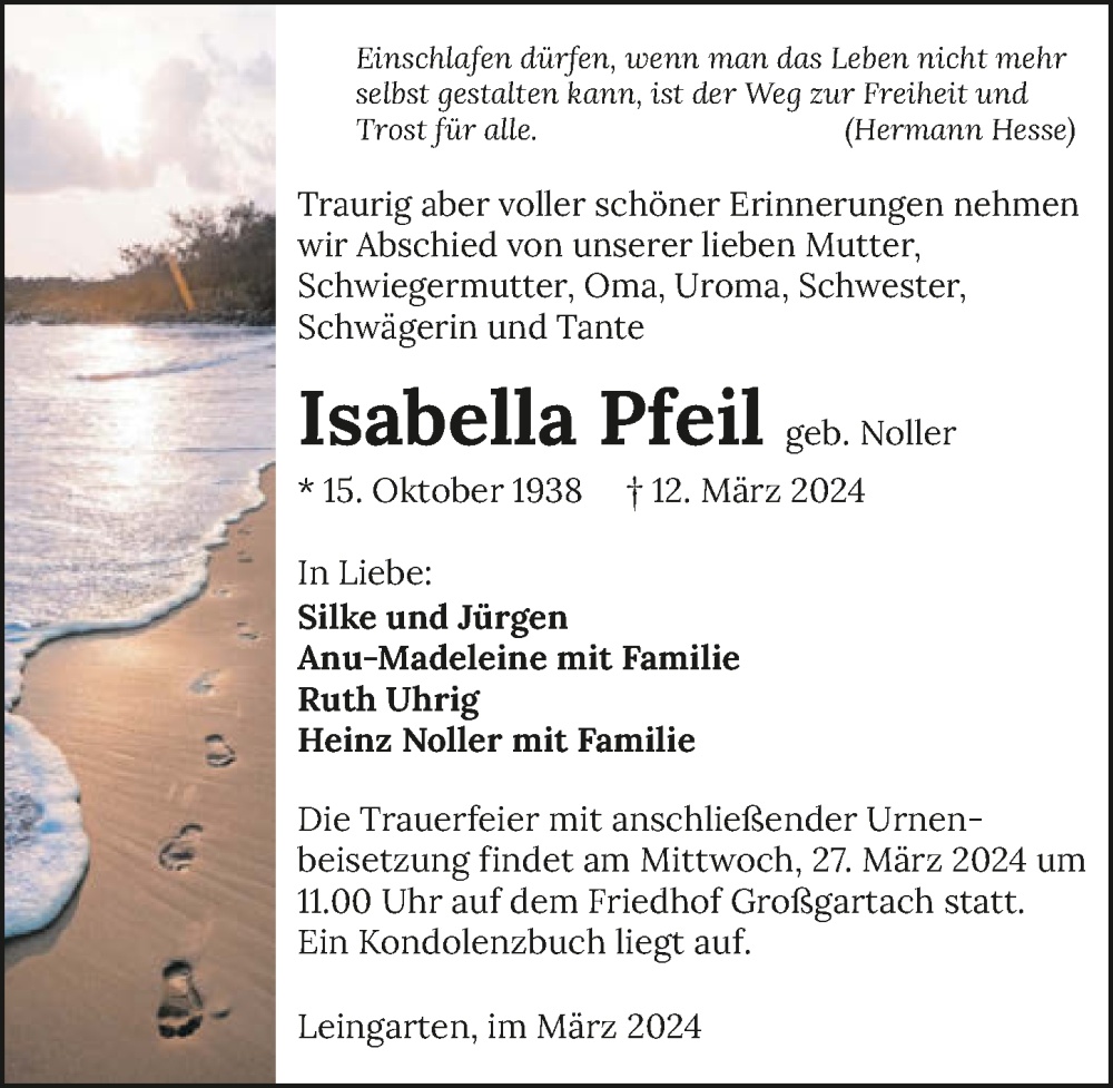 Traueranzeigen von Isabella Pfeil | www.trauerundgedenken.de