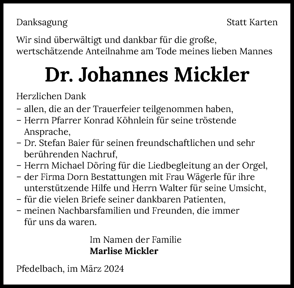Traueranzeigen von Johannes Mickler | www.trauerundgedenken.de