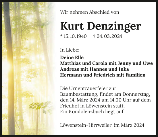 Traueranzeigen von Kurt Denzinger | www.trauerundgedenken.de