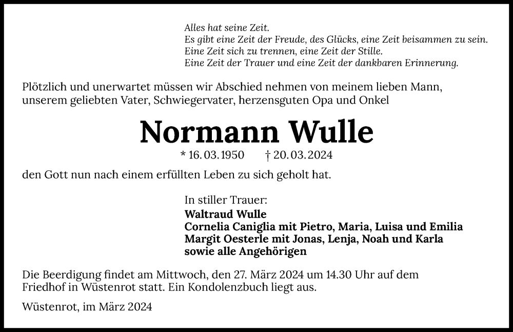 Traueranzeigen von Normann Wulle | www.trauerundgedenken.de