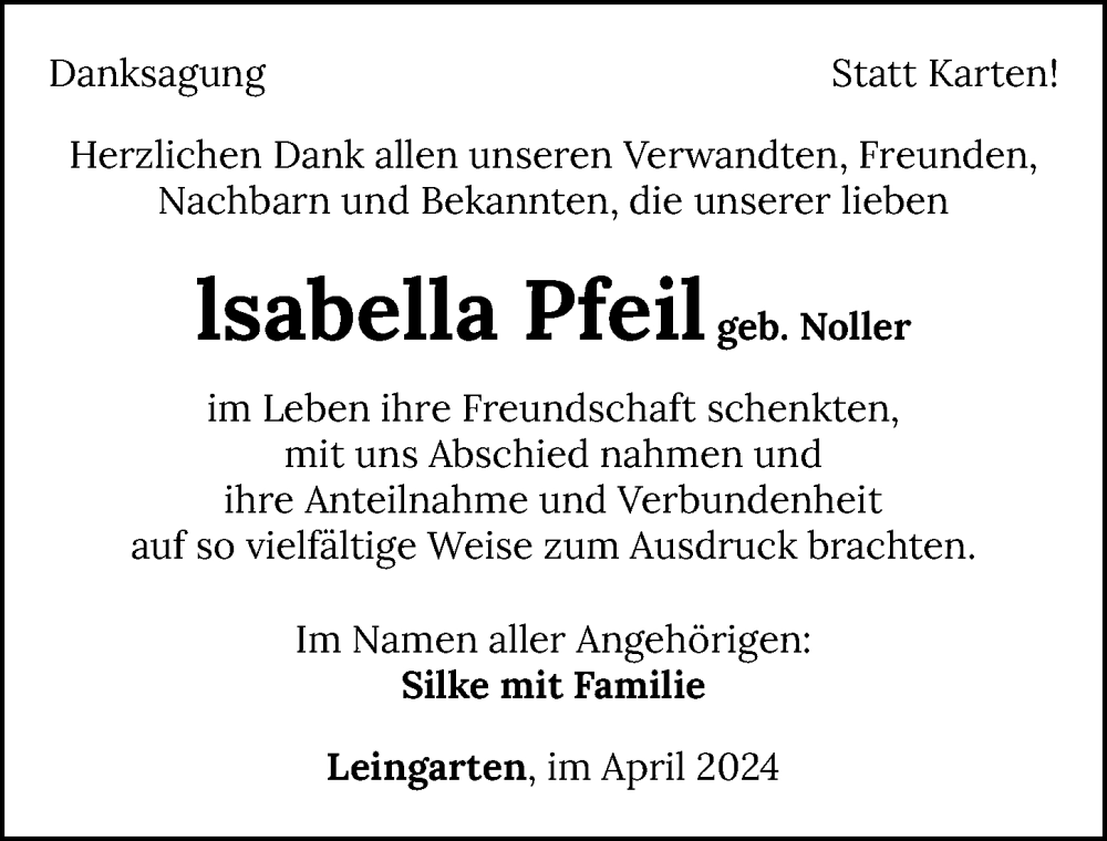 Traueranzeigen von Isabella Pfeil | www.trauerundgedenken.de