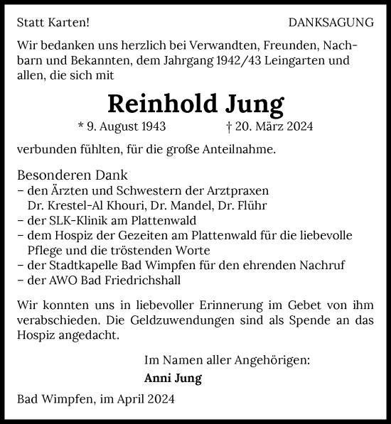 Traueranzeigen von Reinold Jung | www.trauerundgedenken.de