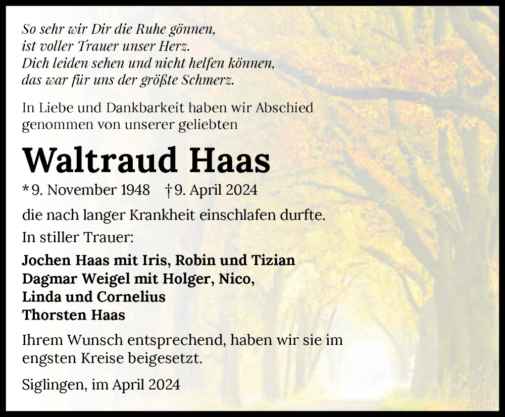 Traueranzeigen von Waltraud Haas | www.trauerundgedenken.de