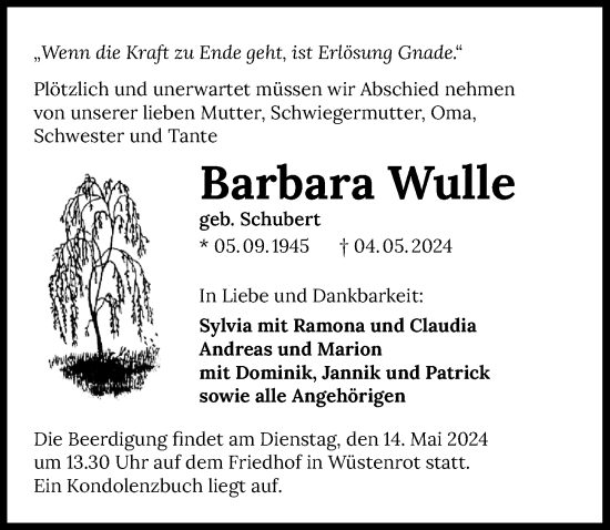 Traueranzeigen von Barbara Wulle | www.trauerundgedenken.de