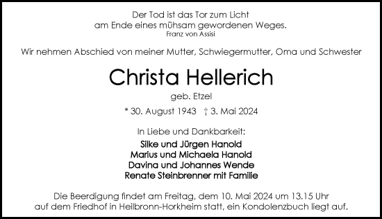Traueranzeigen von Christa Hellerich | www.trauerundgedenken.de