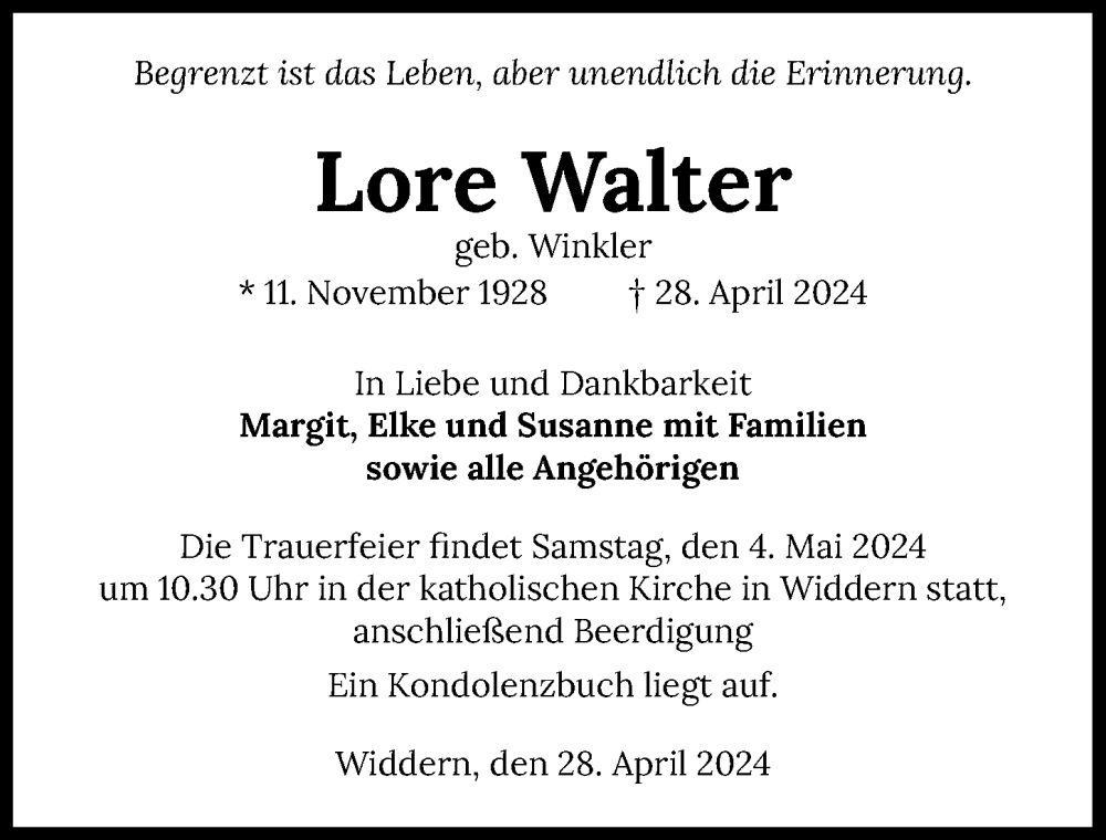 Traueranzeigen von Lore Walter | www.trauerundgedenken.de