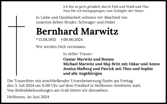 Traueranzeigen von Bernhard Marwitz | www.trauerundgedenken.de