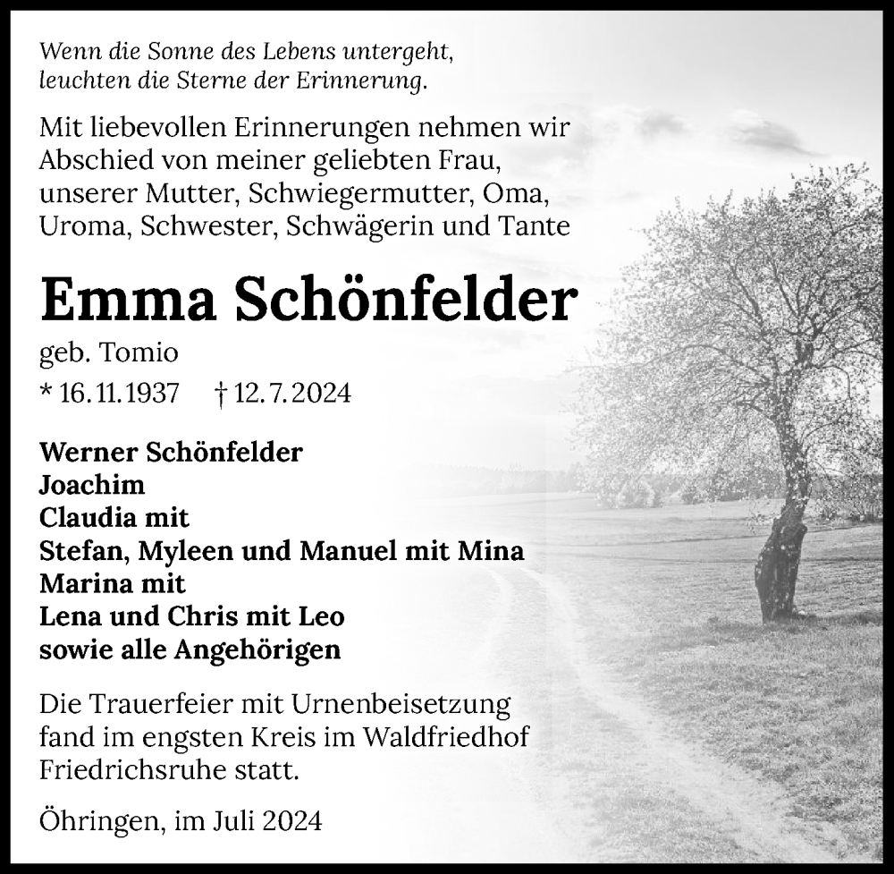 Traueranzeigen von Emma Schönfelder | www.trauerundgedenken.de
