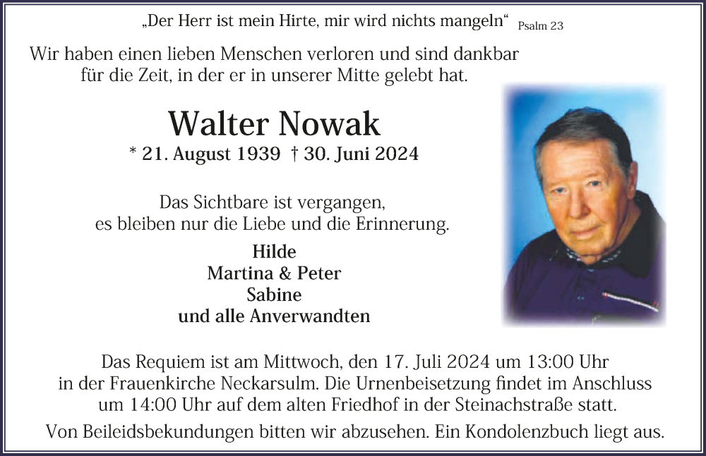 Traueranzeigen von Walter Nowak | www.trauerundgedenken.de