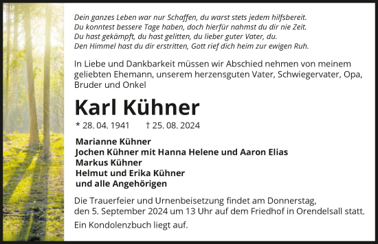 Traueranzeigen von Karl Kühner | www.trauerundgedenken.de
