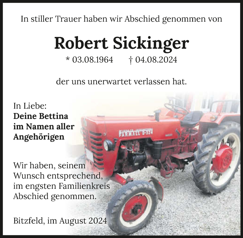 Traueranzeigen von Robert Sickinger | www.trauerundgedenken.de