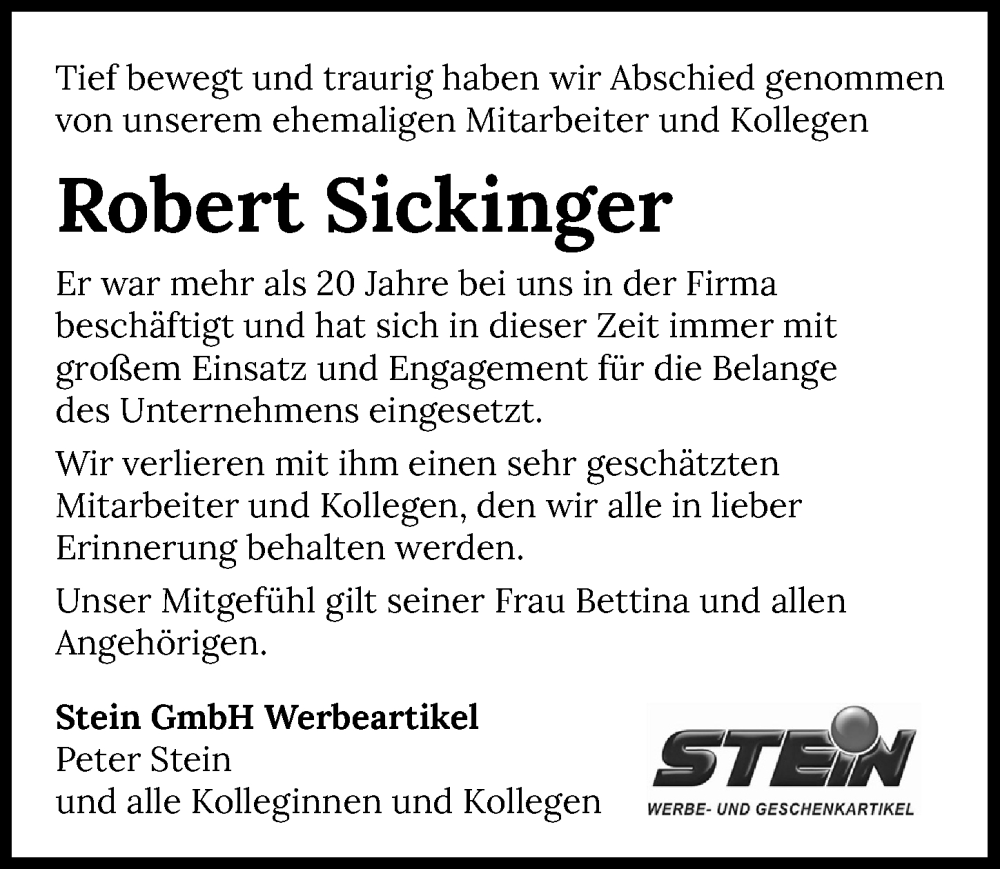 Traueranzeigen von Robert Sickinger | www.trauerundgedenken.de
