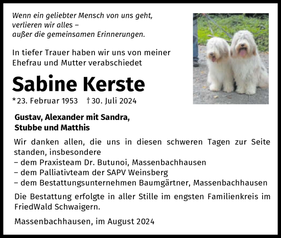 Traueranzeigen von Sabine Kerste | www.trauerundgedenken.de
