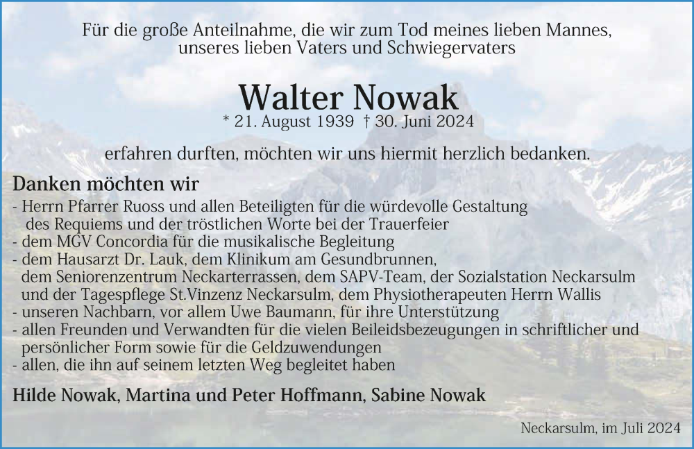 Traueranzeigen von Walter Nowak | www.trauerundgedenken.de