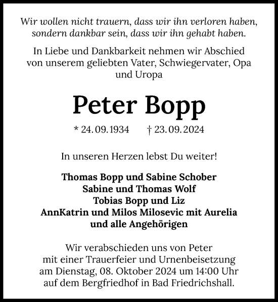 Traueranzeigen von Peter Bopp | www.trauerundgedenken.de