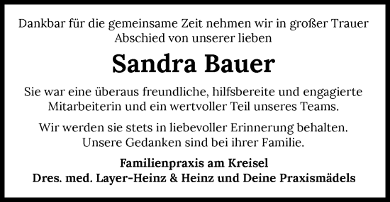 Traueranzeigen von Sandra Bauer | www.trauerundgedenken.de