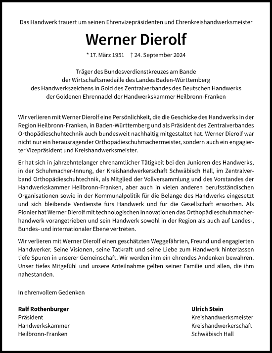 Traueranzeigen von Werner Dierolf | www.trauerundgedenken.de