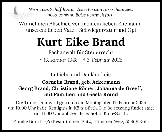 Traueranzeigen von Kurt Eike Brand | www.trauerundgedenken.de