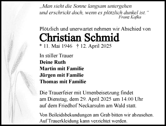 Traueranzeigen von Christian Schmid | www.trauerundgedenken.de