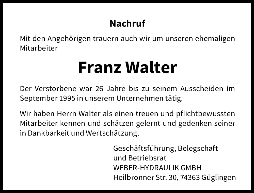 Traueranzeigen von Franz Walter | www.trauerundgedenken.de