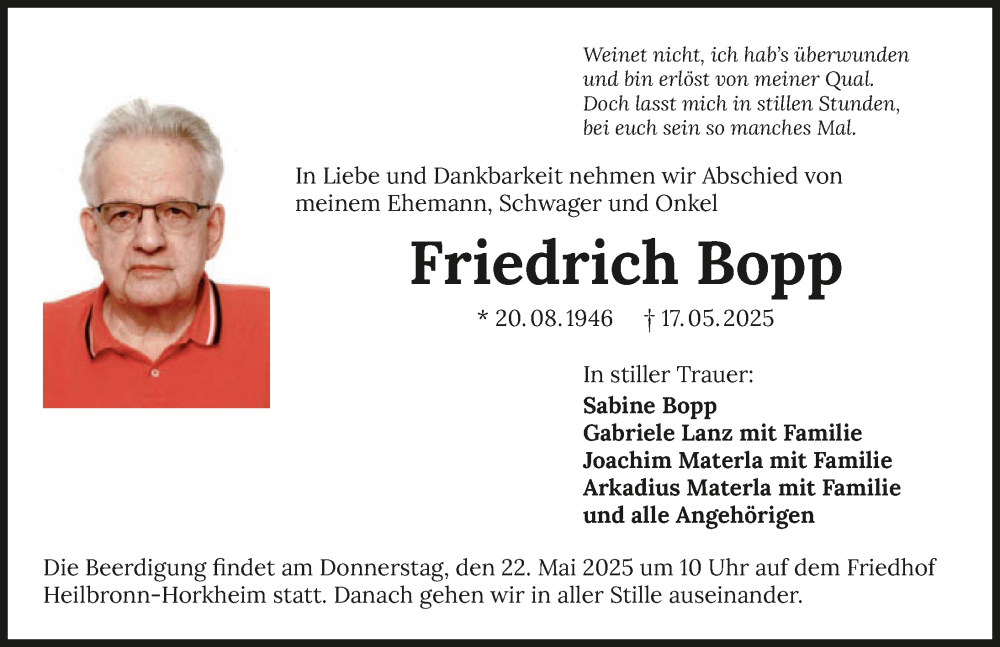 Traueranzeigen von Friedrich Bopp | www.trauerundgedenken.de