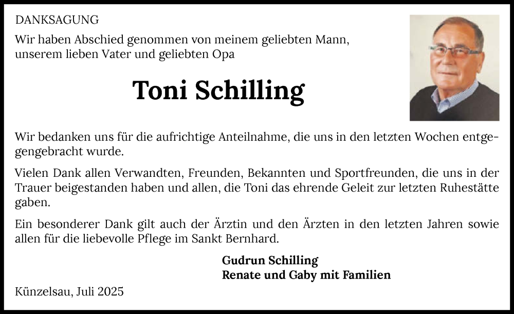 Traueranzeigen von Toni Schilling | www.trauerundgedenken.de