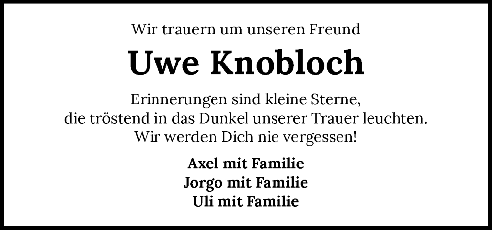 Traueranzeigen von Uwe Knobloch | www.trauerundgedenken.de