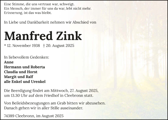 Traueranzeigen von Manfred Zink | www.trauerundgedenken.de