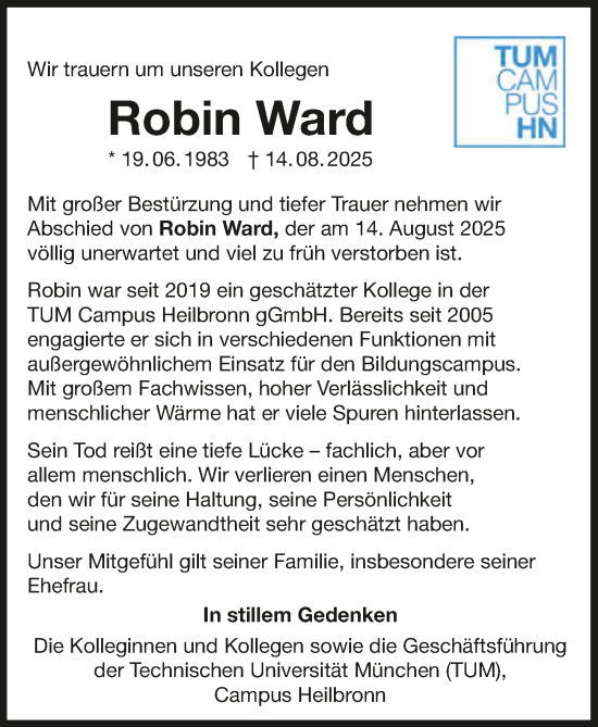 Traueranzeigen von Robin Ward | www.trauerundgedenken.de