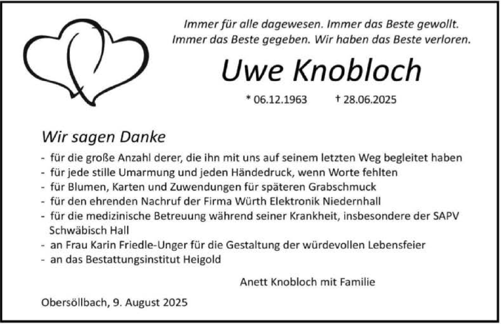 Traueranzeigen von Uwe Knobloch | www.trauerundgedenken.de